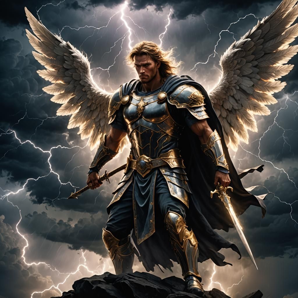 A strong angel warrior coming through dark ominous clouds, lightning ...