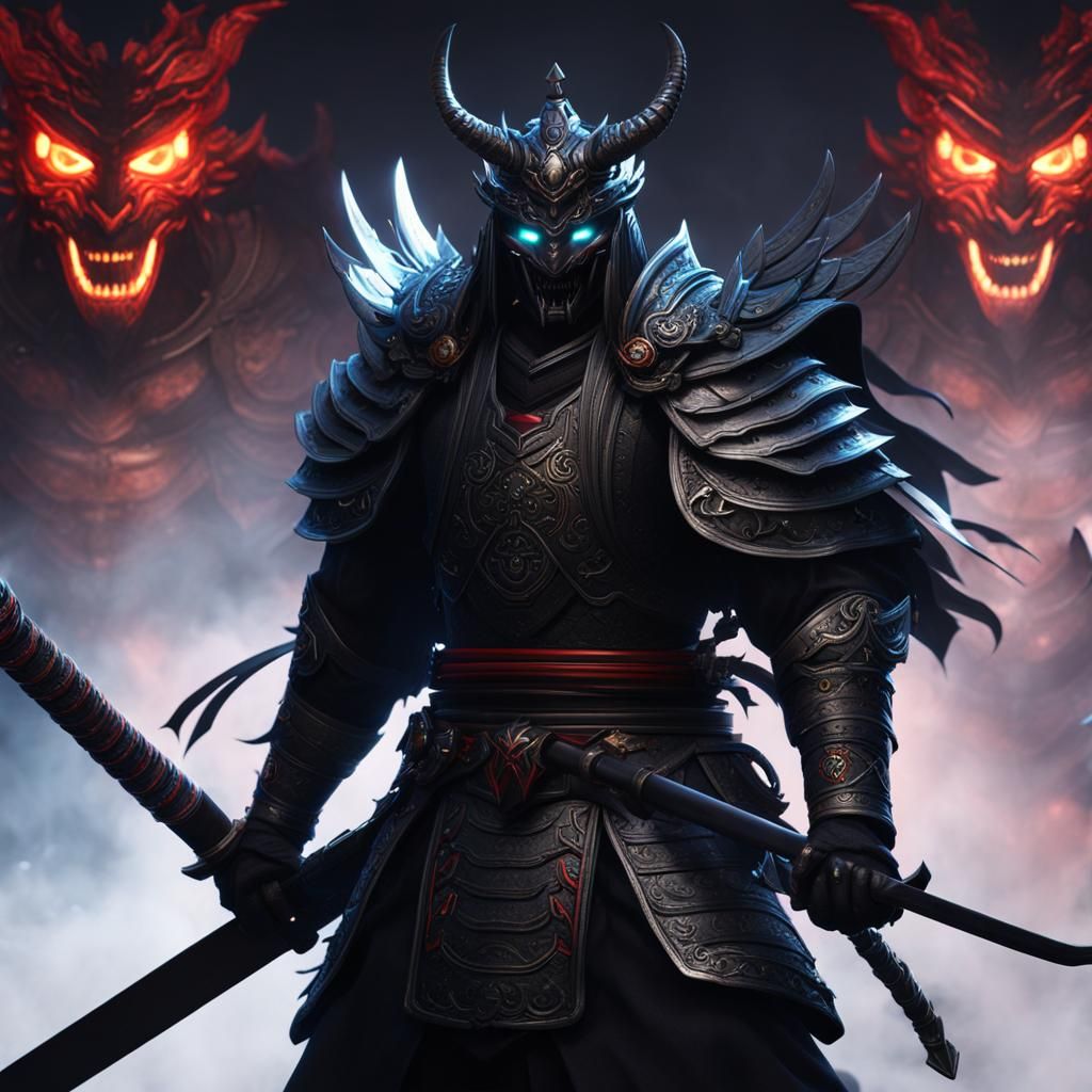Shadow samurai god, glowing white eyes, black shadow sword, black shadow wisp armor, half-demon ...