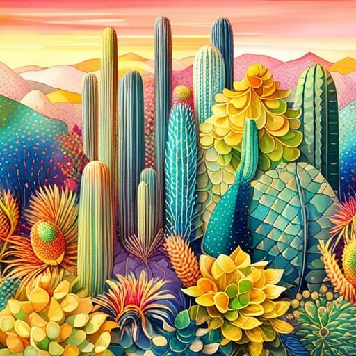 Complex cactus 🌵 in intricate magical desert, geometric abstract art ...