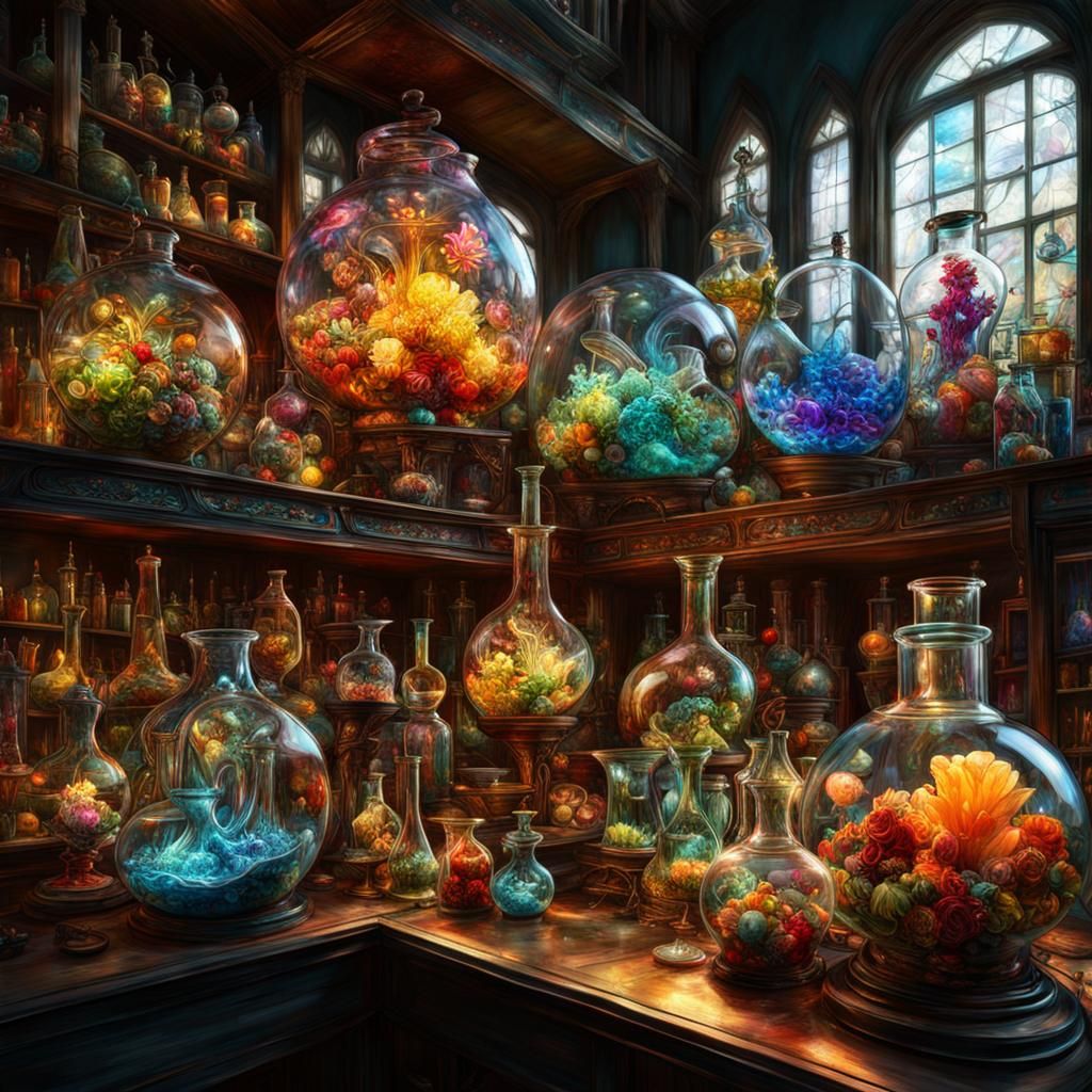 Intricate illuminated chemistry, set up made of blown glass in a lab ...