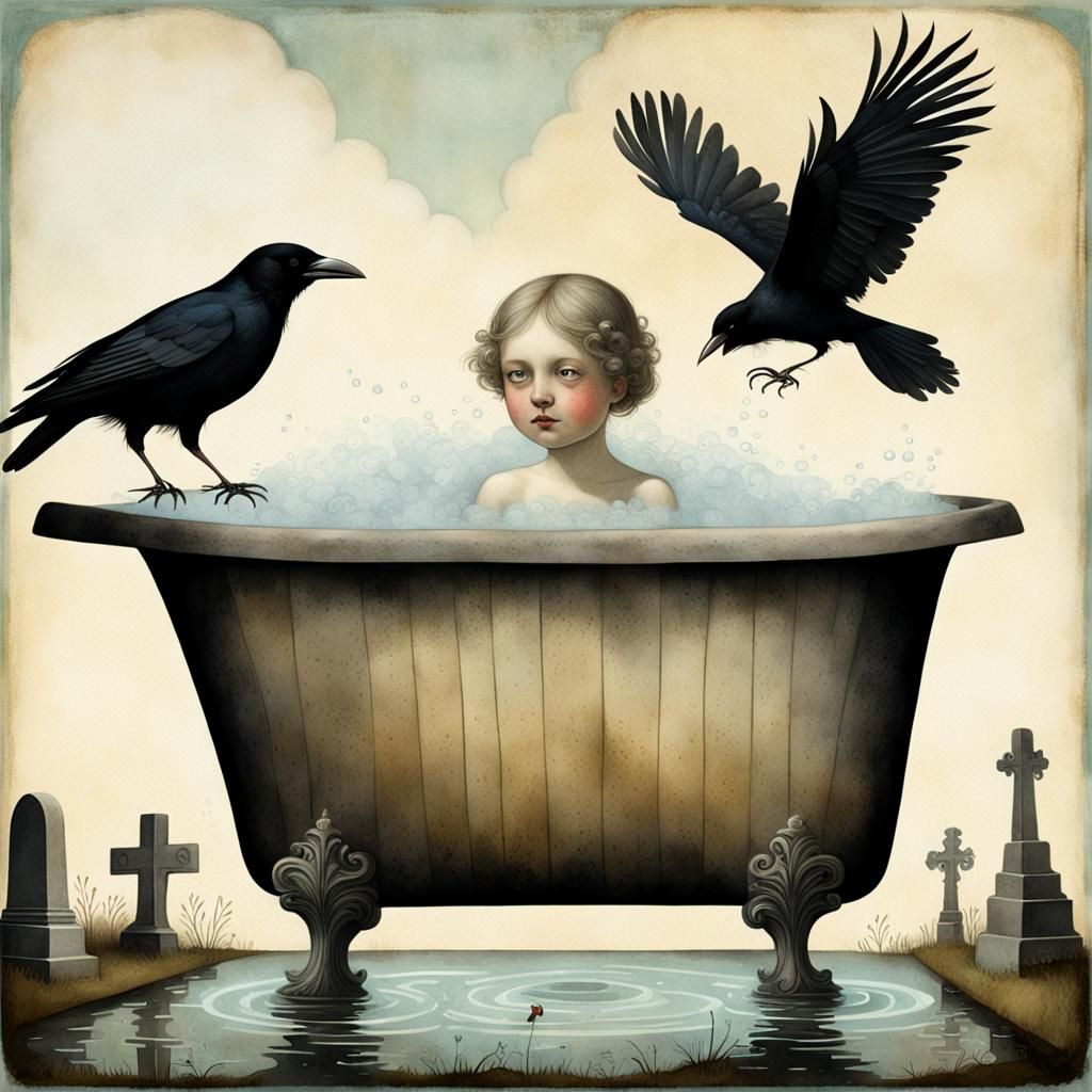 A potato and a crow having a bath together in a bathtub in a cemetery ...