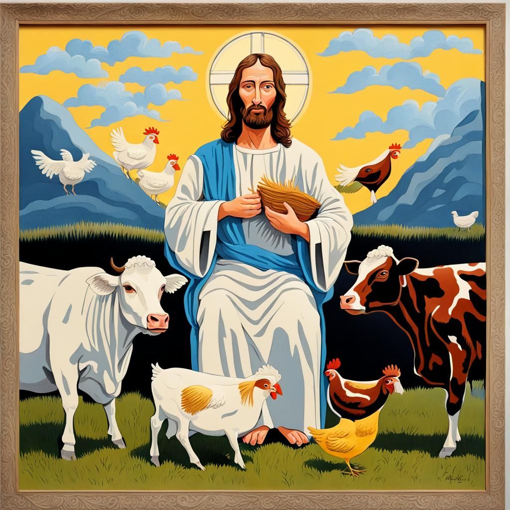 Balding Jesus with cows and chickens - AI Generated Artwork - NightCafe ...