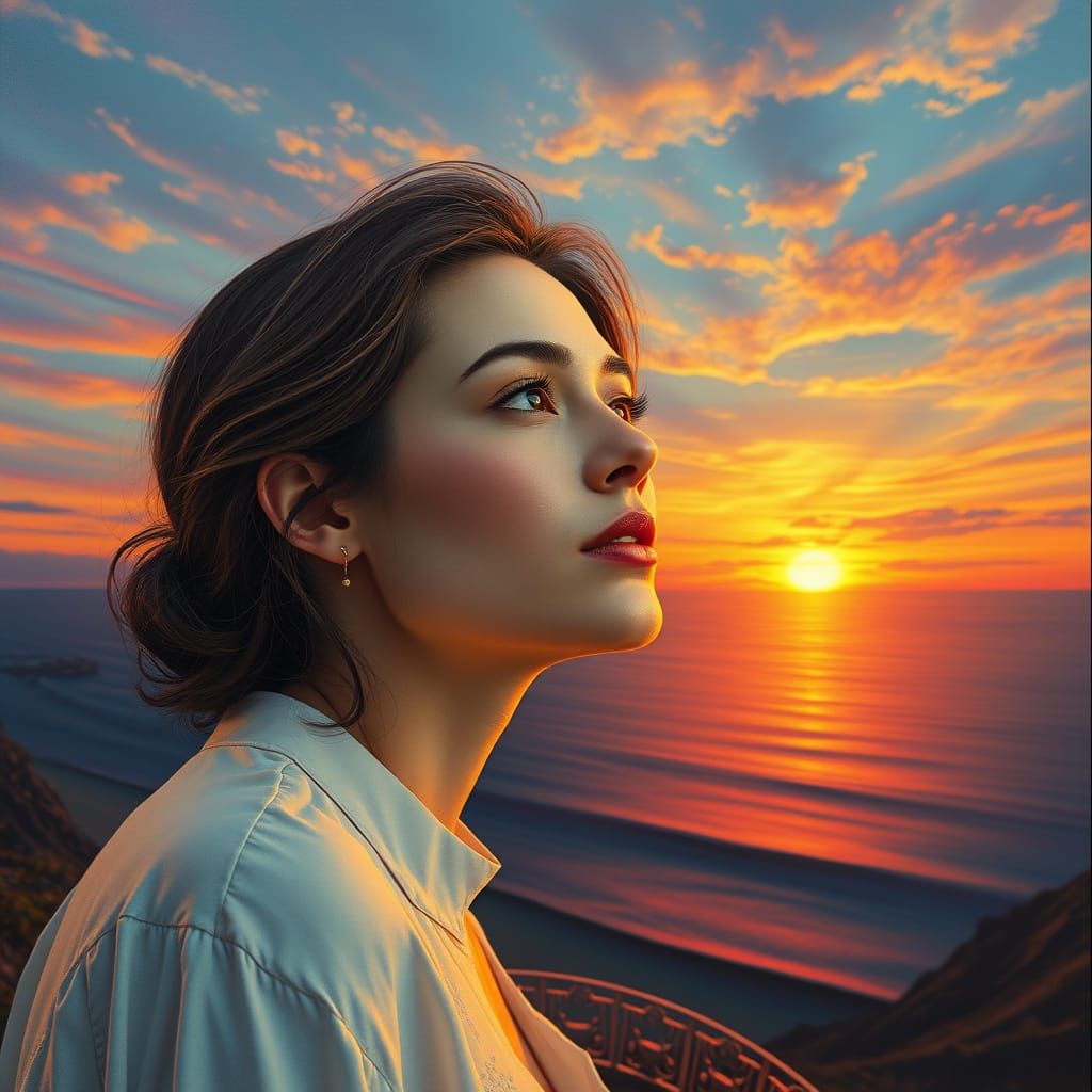 Surreal Sunset Goddess with Ethereal Gaze - AI Art