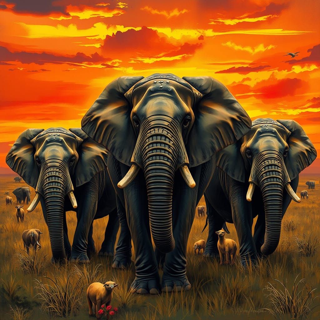 Elephants in Black Leather Jackets at African Suns... - AI Art