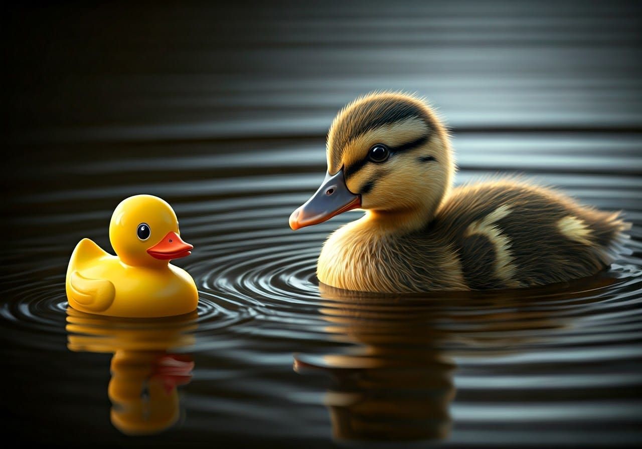 Real duckling observing rubber duck: "are you supposed to look like me?"
