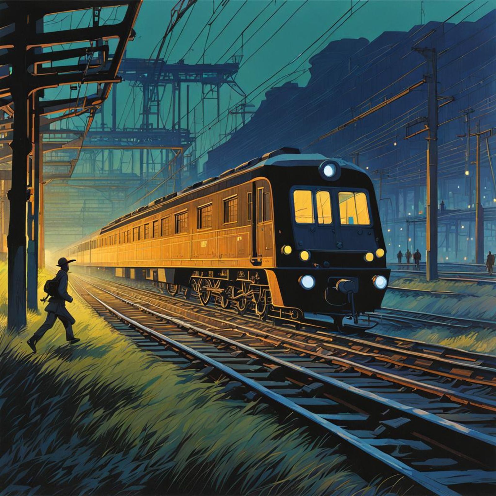 A running night train, darkness, railway surroundings, giant structures ...