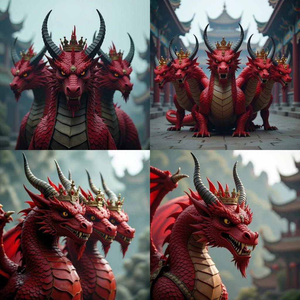 Seven-Headed Red Dragon with Crowns and Horns - AI Art