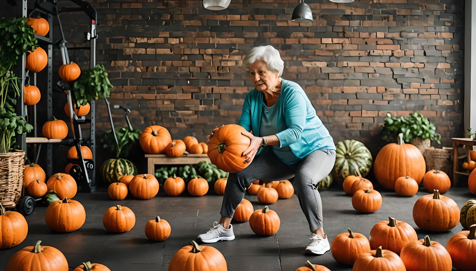 old woman exercising with big pumpkins = PUMPKIN SPORTS - AI Generated ...