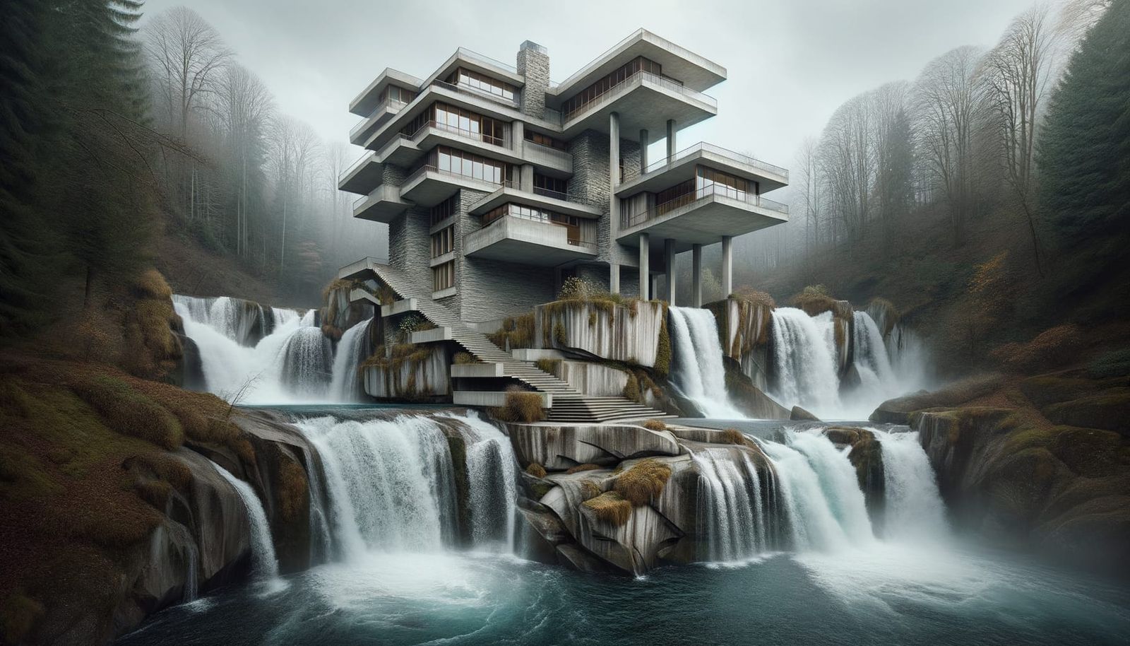 Surreal Waterfall Home Blends into Rocky Terrain - AI Art