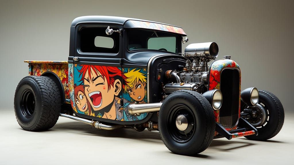 Vibrant Manga-Inspired Hot Rod with Anime Characte... - AI Art