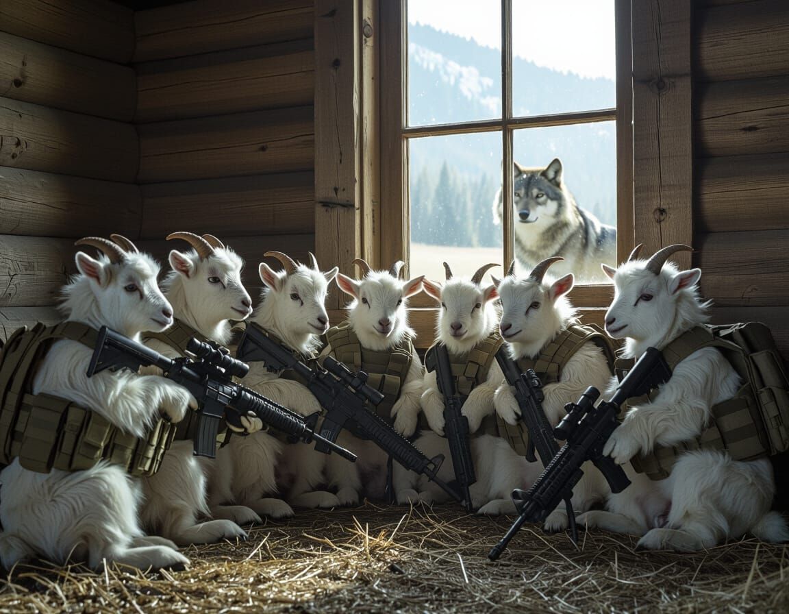Armed Goats in Cabin, Cinematic Film Still - AI Art
