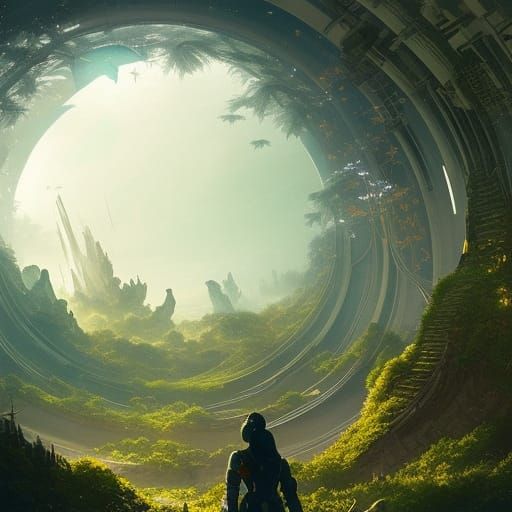 an epic panorama of a portal opening from a futuristic alien world to a ...