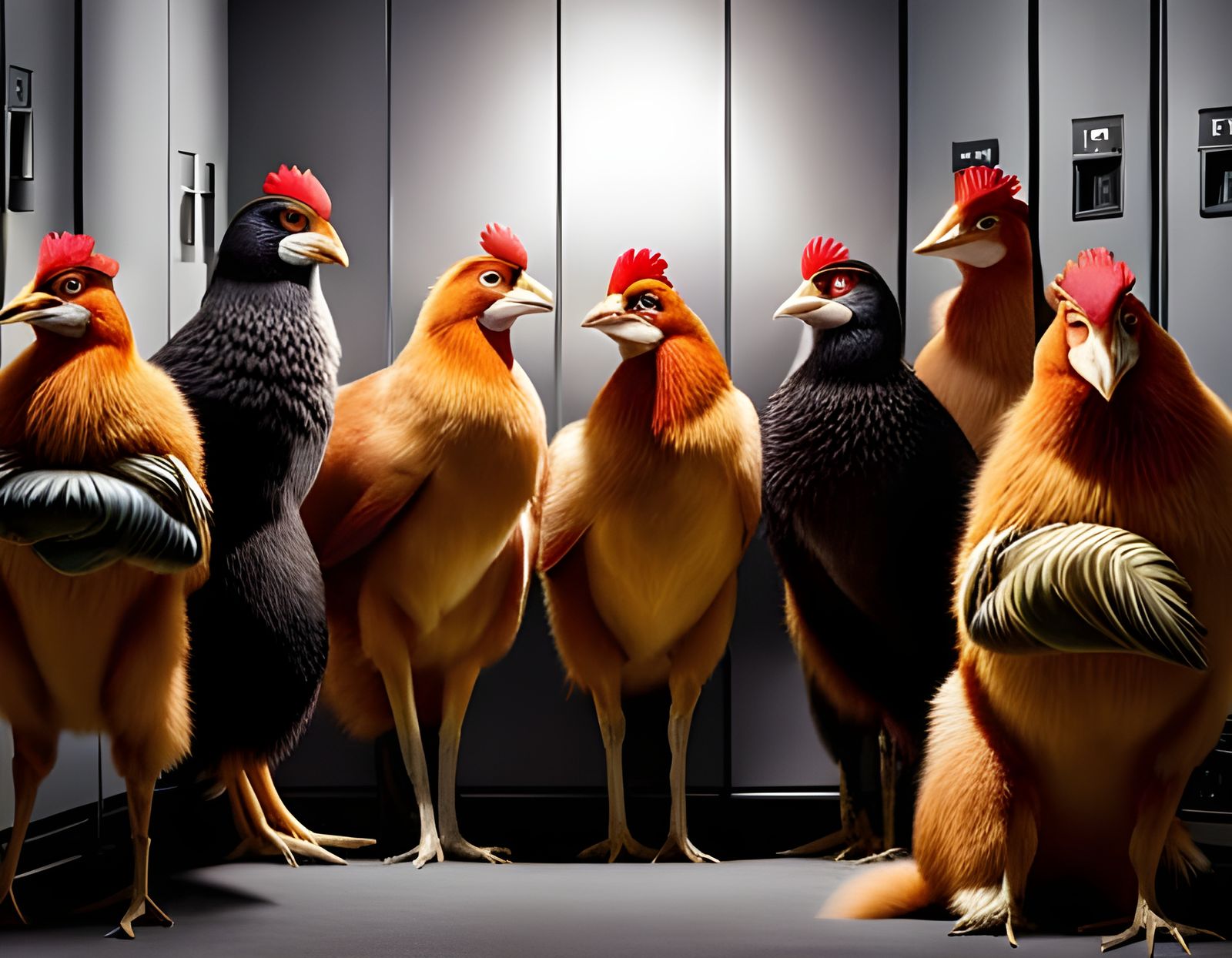 Chickens in a Locker Room - AI Generated Artwork - NightCafe Creator