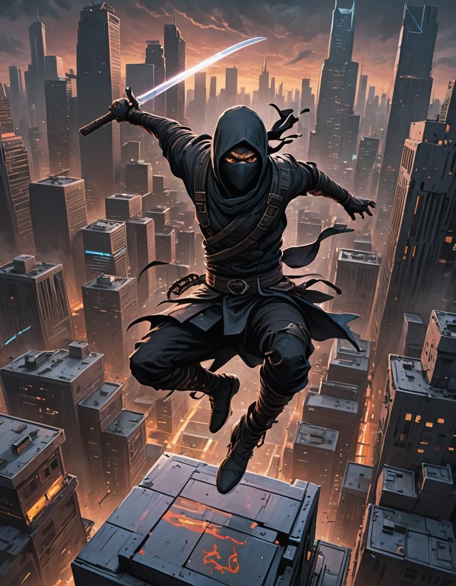 A formidable ninja warrior, poised in a powerful leap on a rooftop - AI ...