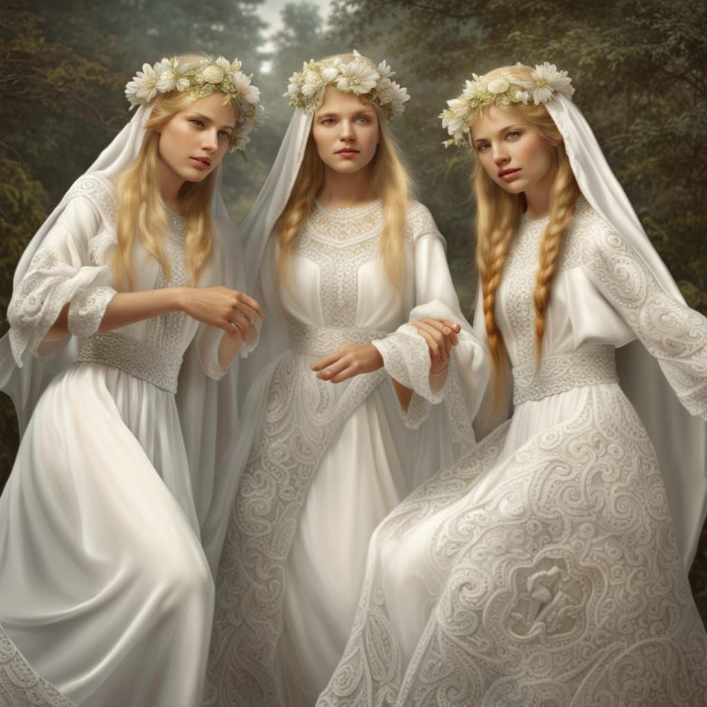 Nordic dancing maidens, dressed in White filigree. - AI Generated ...