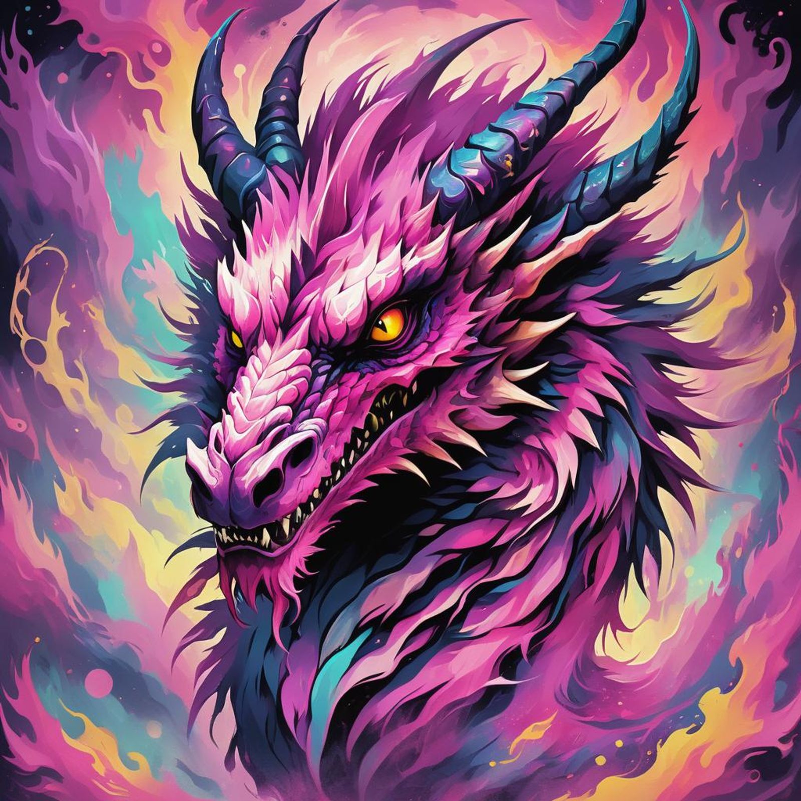 Pink fluffy dragon with jagged horns in psychedelic horror art style - AI Generated Artwork ...