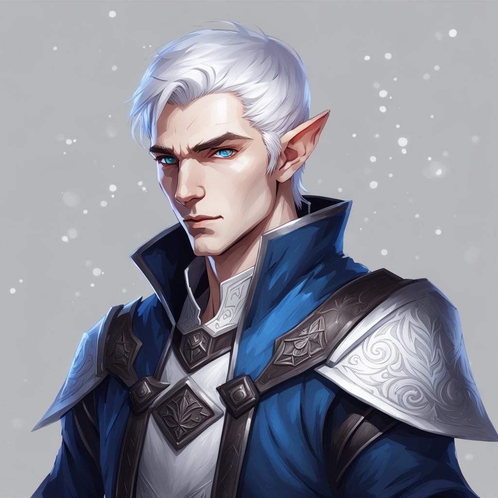 DnD character. Male elf, short white hair, vibrant blue eyes, stoic ...