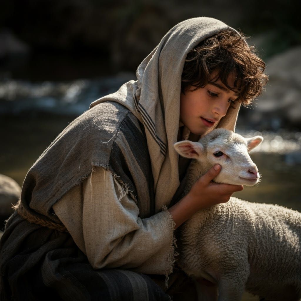 Young Hebrew Shepherd Tenderly Embracing a Lamb by... - AI Art