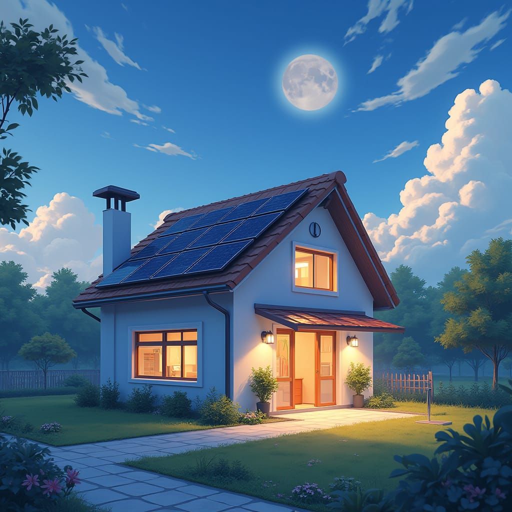 Eco-Friendly Home with Solar Panels in Anime Style - AI Art