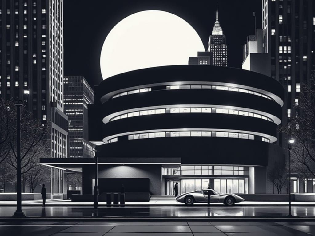 Surreal Futuristic Guggenheim Museum at Night with... - AI Art