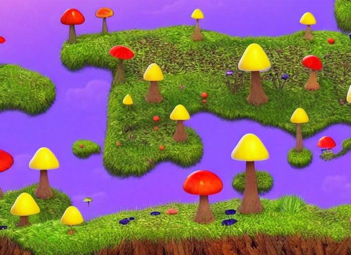 Wide open fantasycore landscape with colourful mushrooms everywhere ...