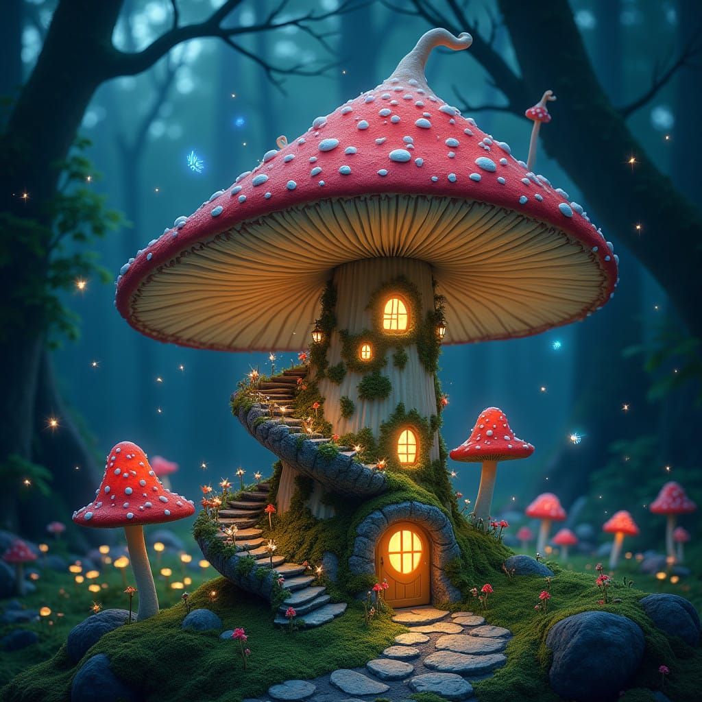 Whimsical Fairy Mushroom House in a Bioluminescent... - AI Art