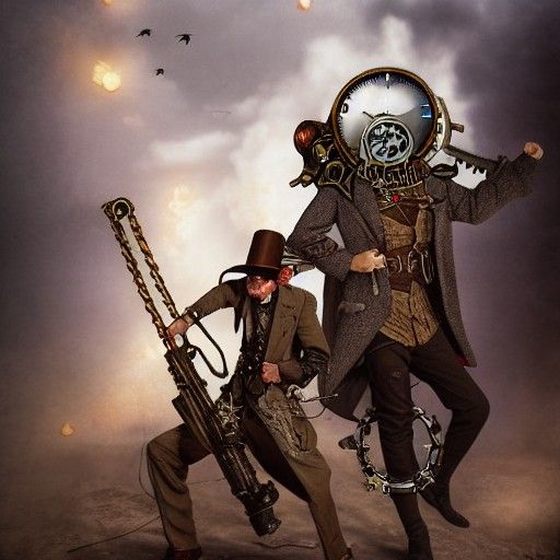 steampunk wizards on battlefield fighting clockwork dragons, daytime ...