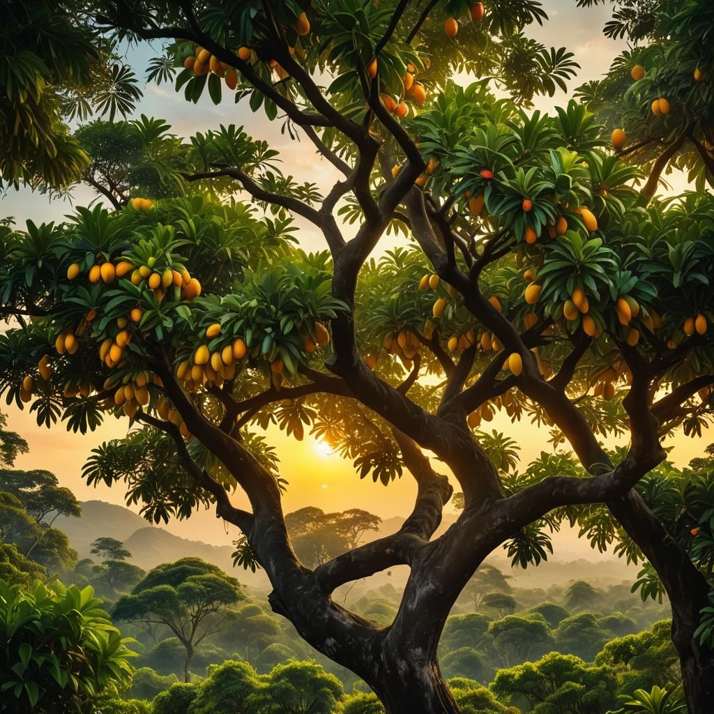 A majestic mango tree standing tall against a backdrop of a serene ...