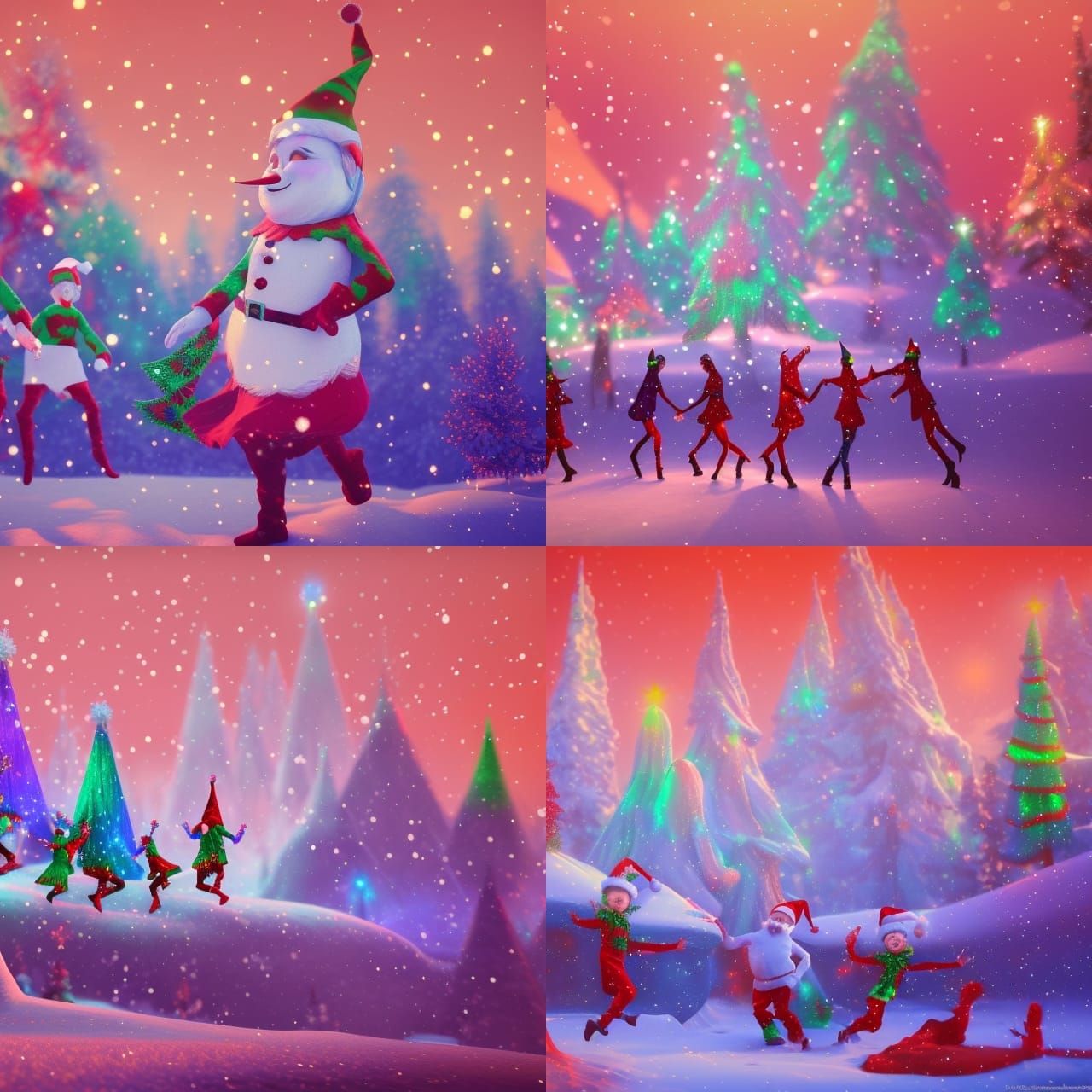 Psychedelic Christmas art, elves dancing around frosty, snow flakes ...