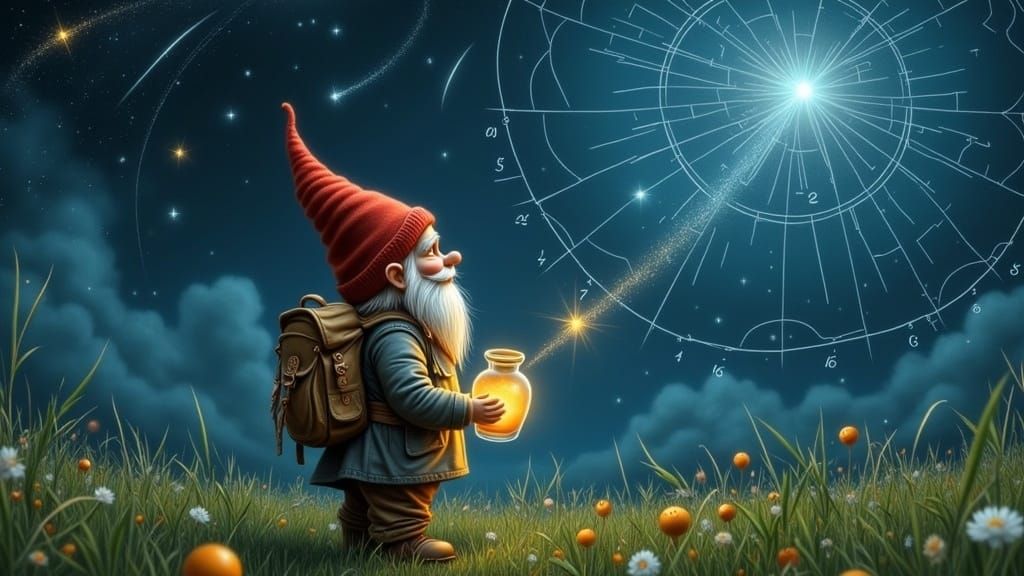 Catching a Falling Star - Whimsical Gnome Amidst Starry Nigh...
