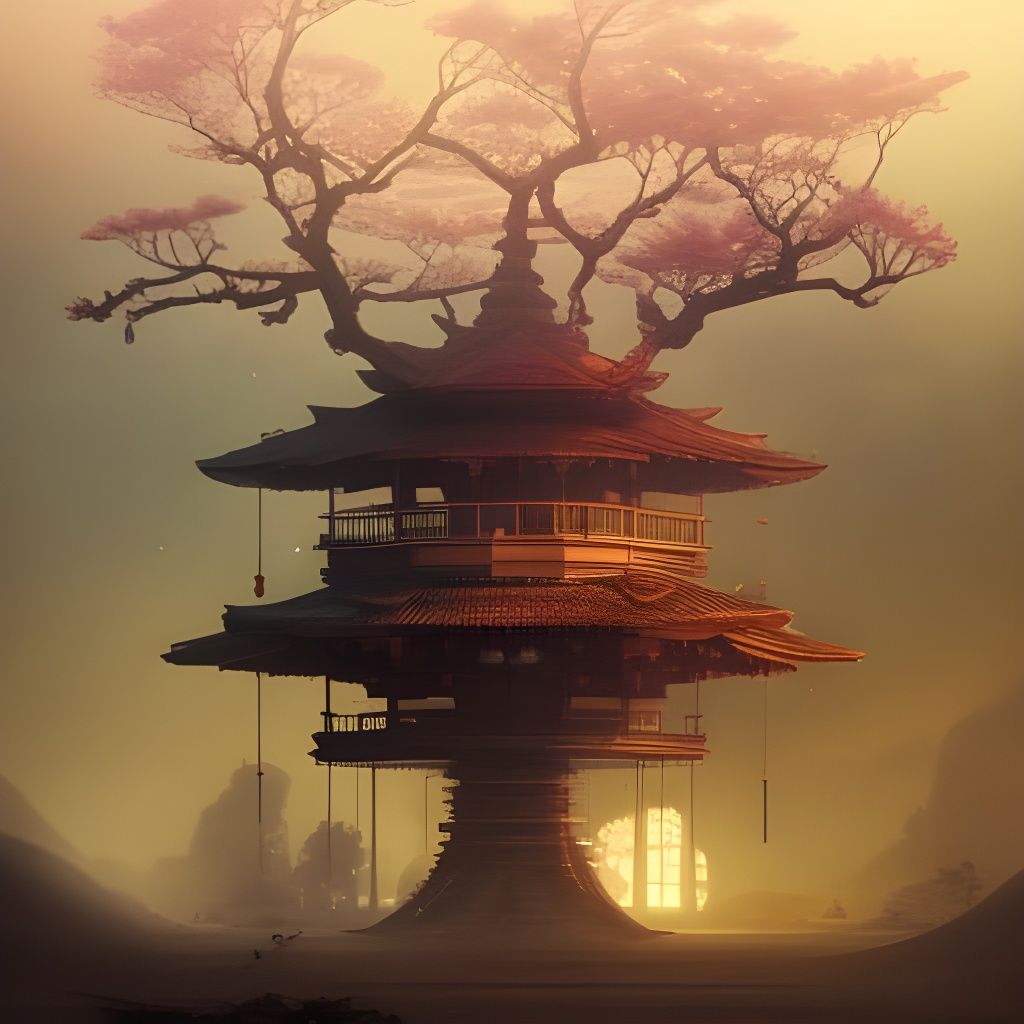 Cherry Blossom Treehouse, Rising Sun. - AI Generated Artwork - NightCafe Creator