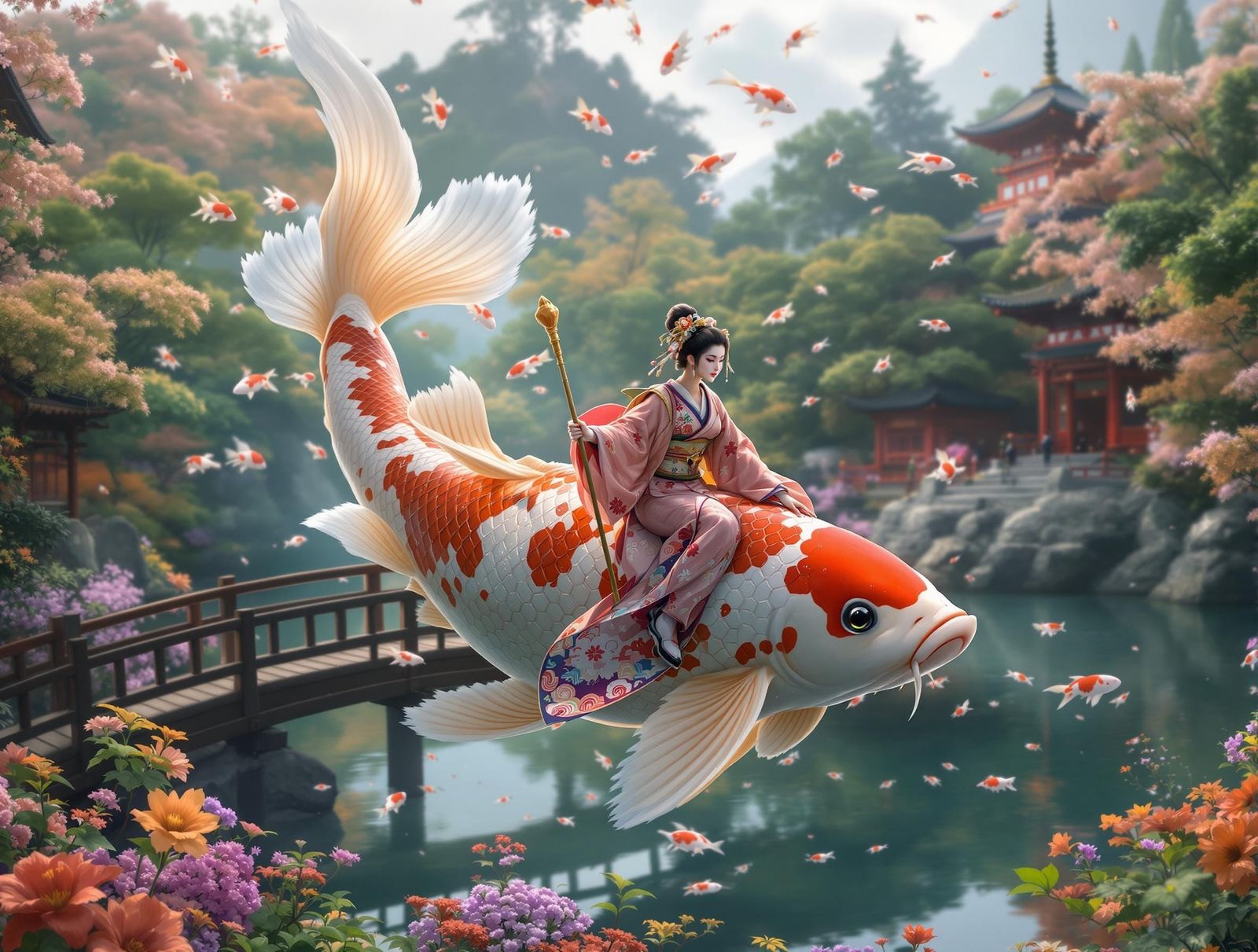 Fantastical Japanese Geisha Riding Koi Fish Amidst... - AI Art