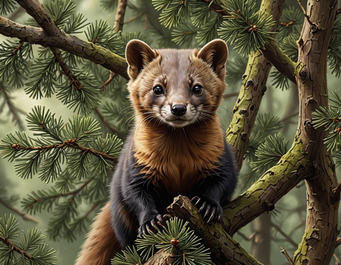 Realistic Pine Marten in Tree - AI Art