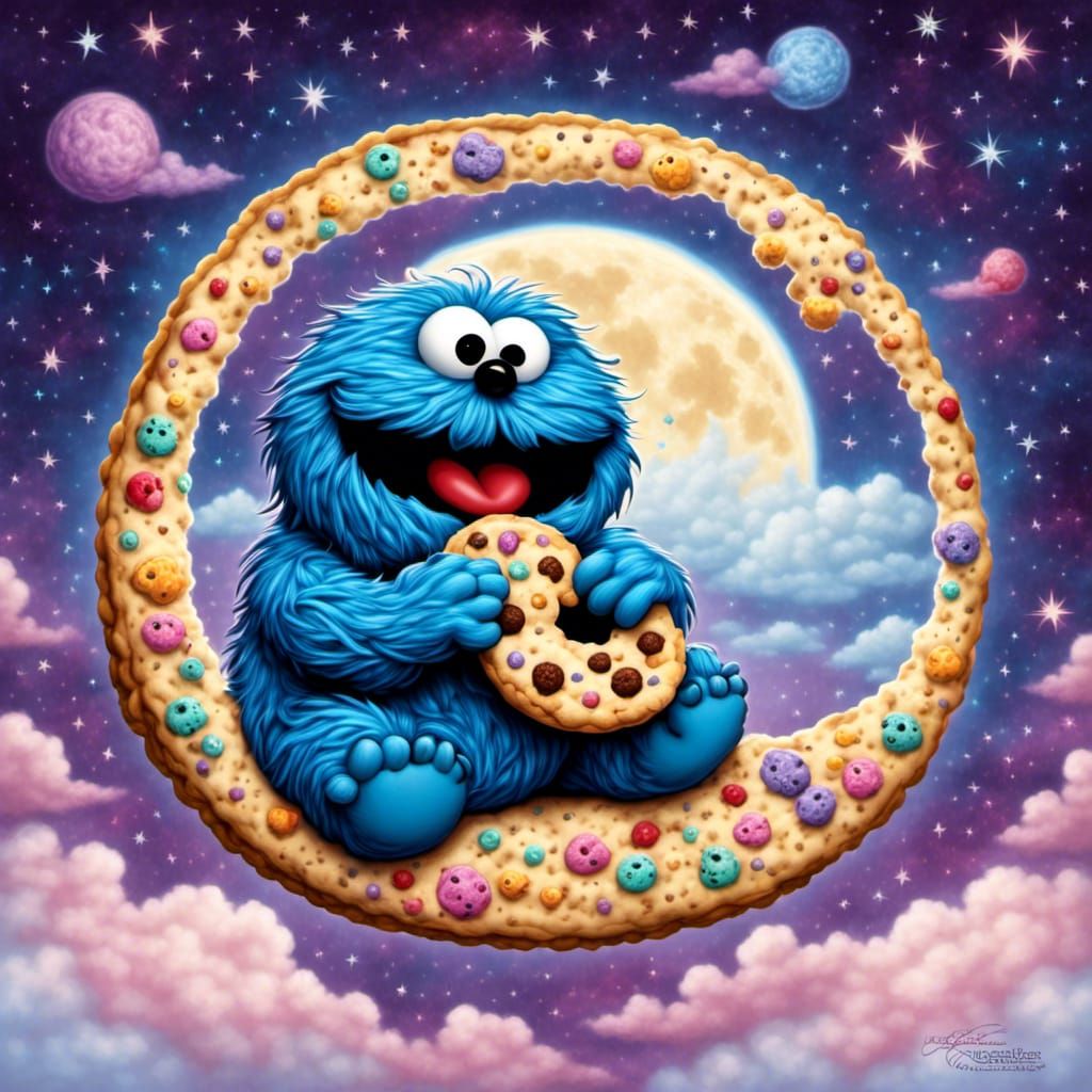 chibi cookie monster::eating a cookie ::on a crescent moon::soft colors::colorful::beautiful ...