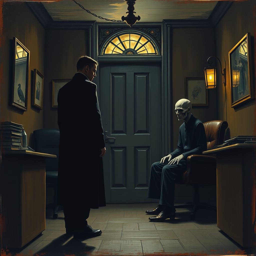 Ominous Office Confrontation in Golden Light - AI Art