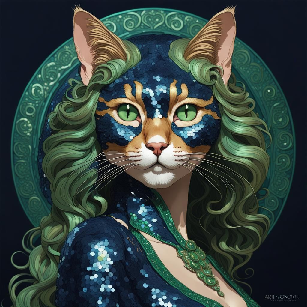 Antropomorphic cat in navy blue and green sequin dress - AI Generated ...