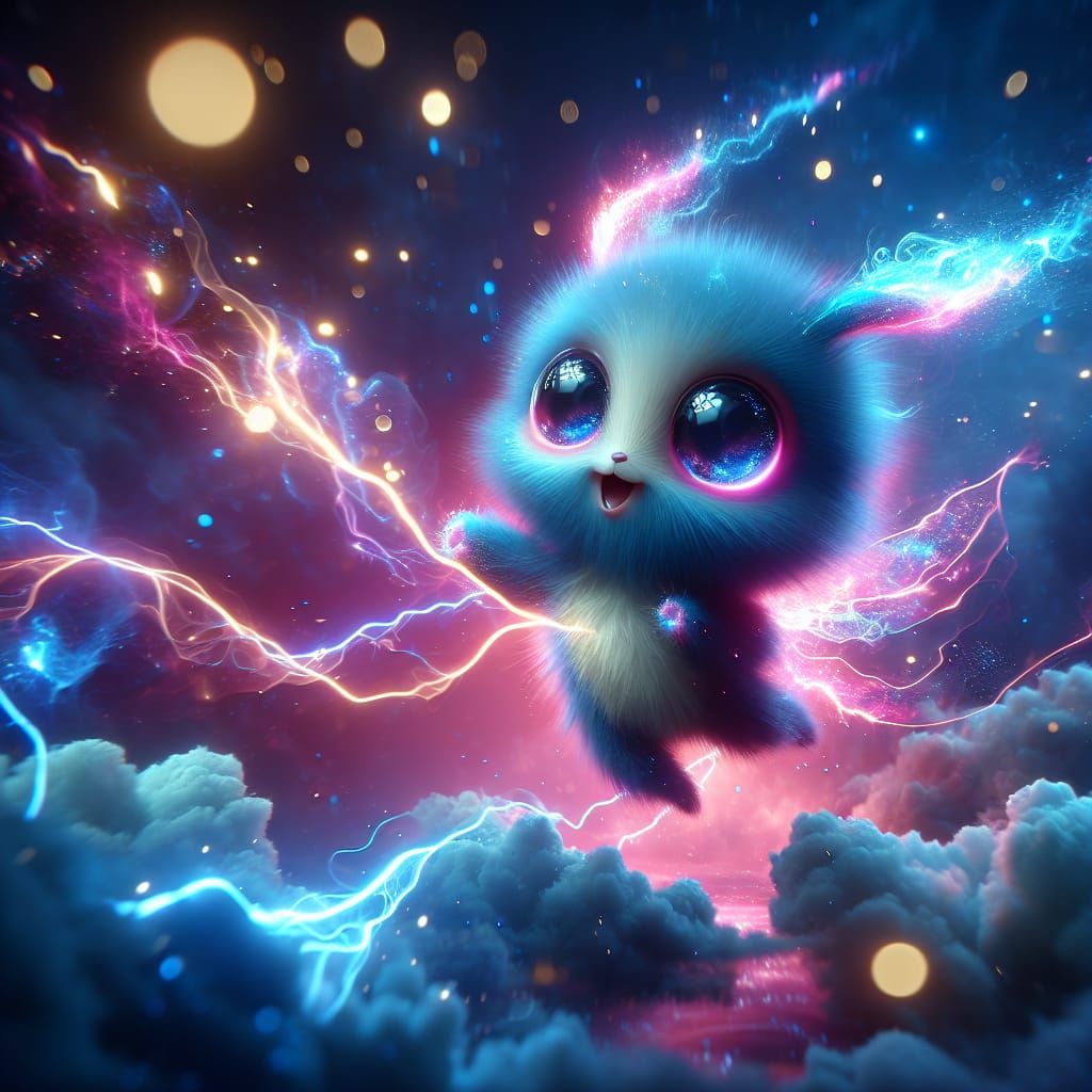Imagine an adorable creature made of vivid glowing blue and pink ...