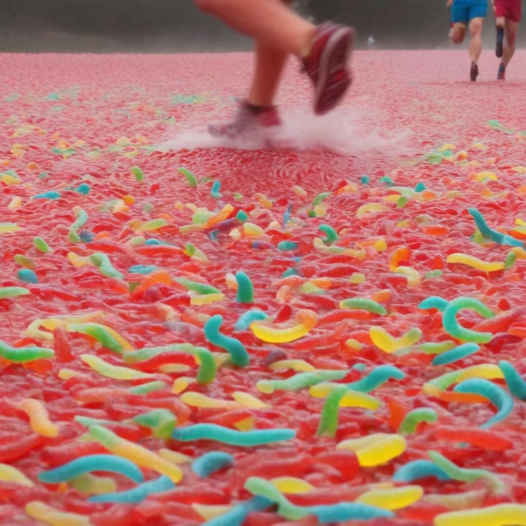 People running in terror as gummy worms overtake the soil. - AI ...