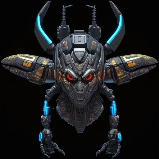 A mechanical bug on a black background, Aztec patterns, bismuth ...