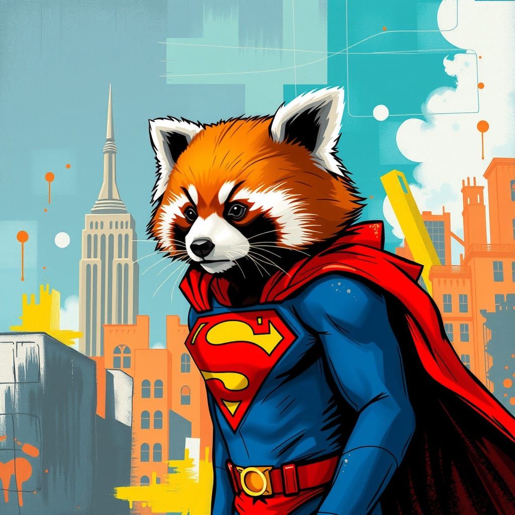 Super Red - Vibrant Red Panda Superhero in Cityscape