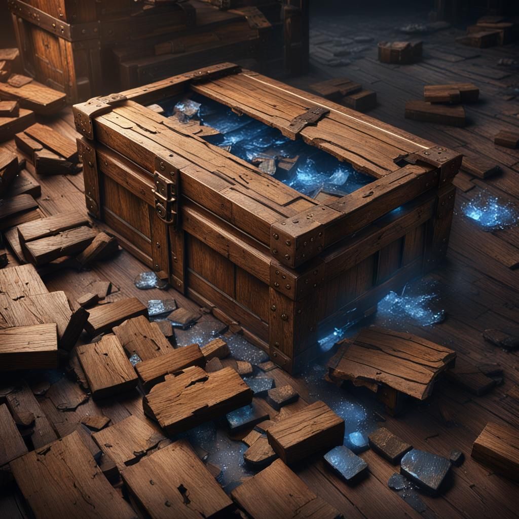 D&D, Fantasy, broken empty wooden box, bits of broken wood lay on the ...