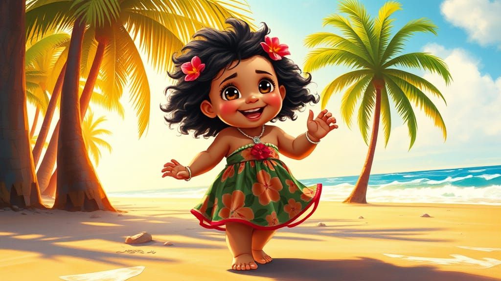 Adorable Baby Moana Dances on the Beach in Vibrant... - AI Art