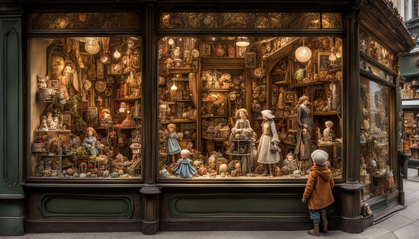 toddler look at the Toy Shop Window Displays of various toys, from ...