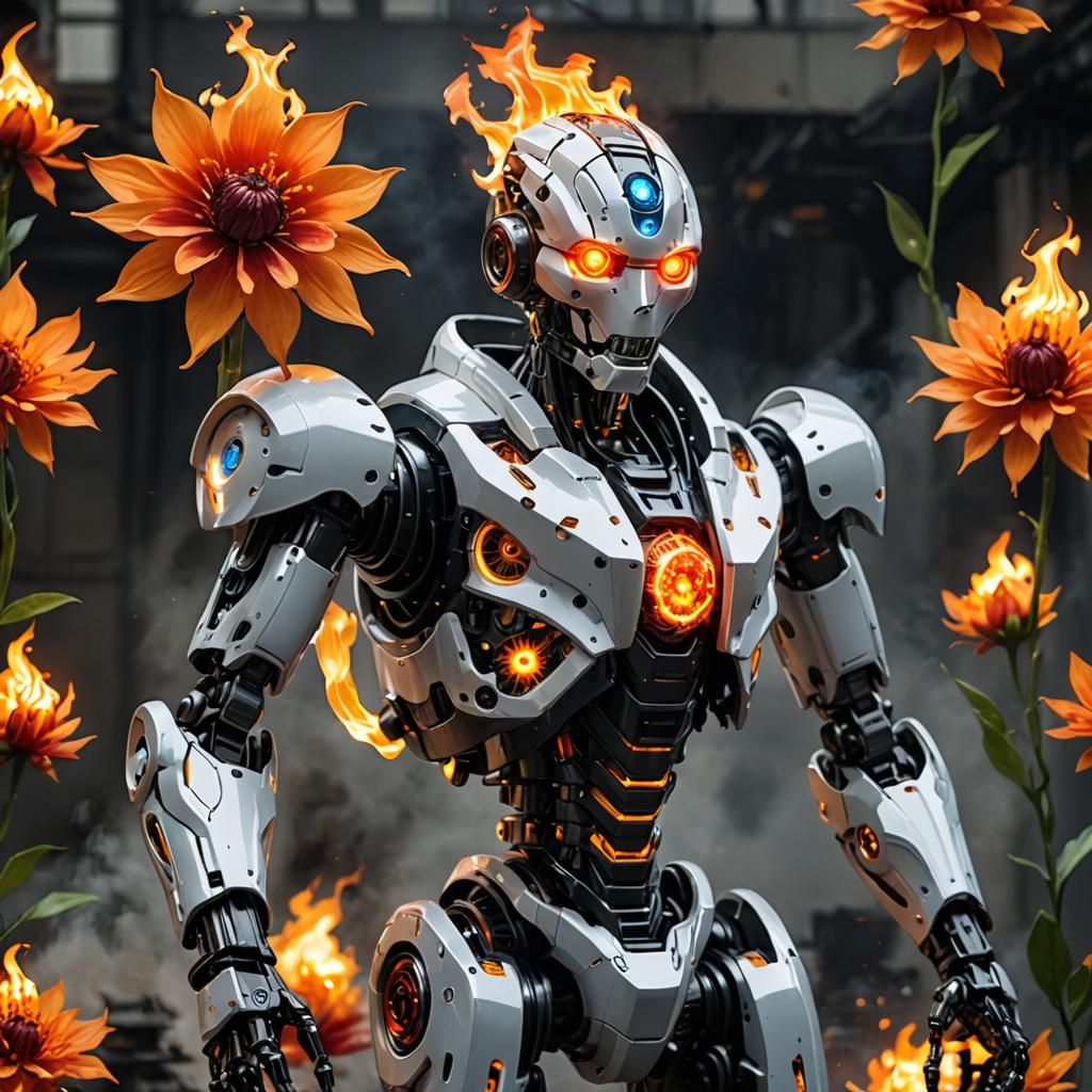 Humanoid robot with a flame flower - AI Generated Artwork - NightCafe ...