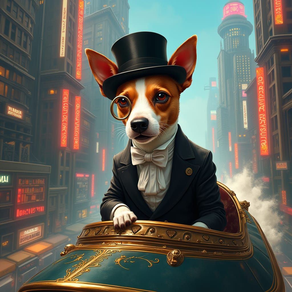 Dapper Jack Russell Terrier Soars on Steampunk Hov... - AI Art