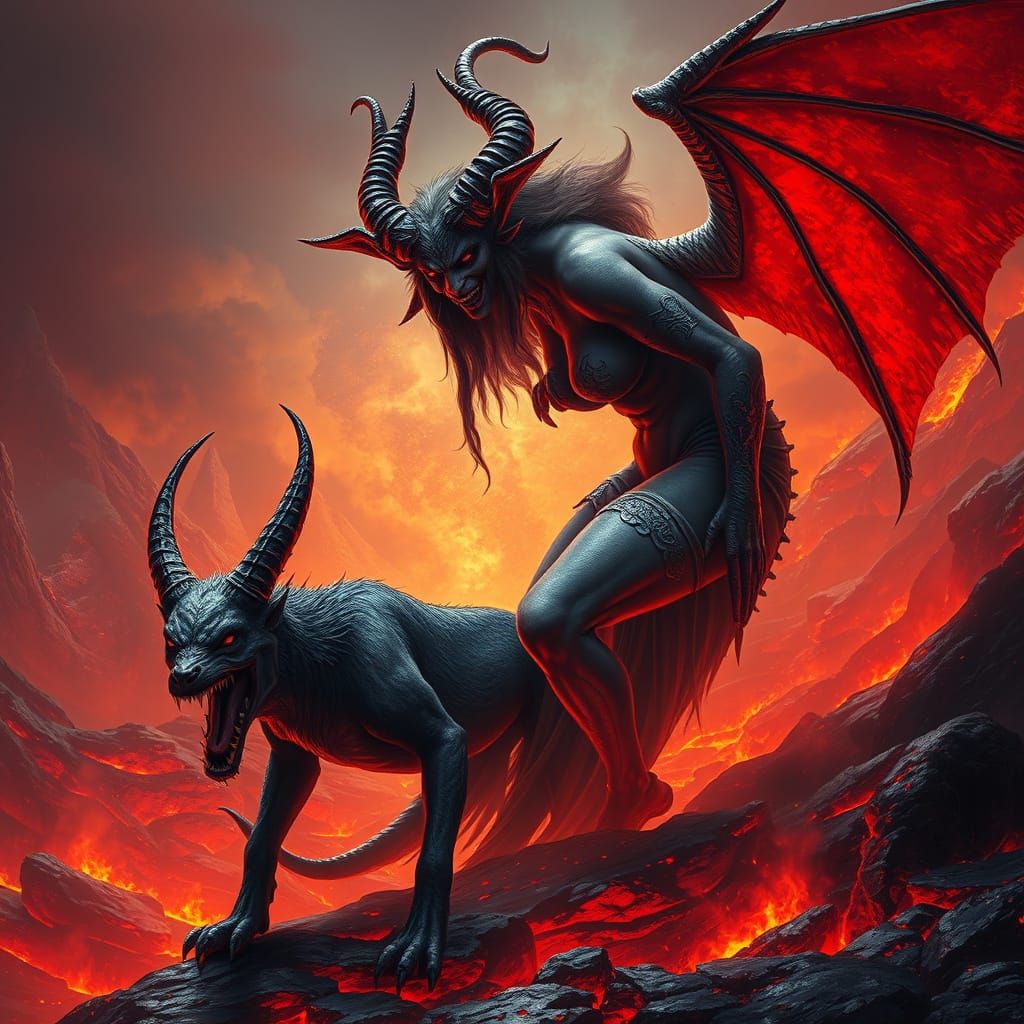 Surreal Hellish Goddess Unleashes Fiery Beast in L... - AI Art