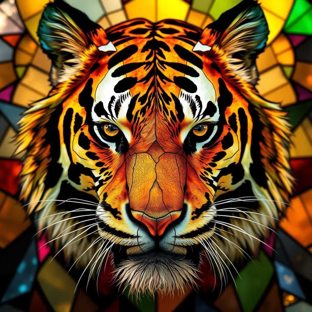 Stained Glass Tiger Portraits in Vibrant Kaleidosc... - AI Art