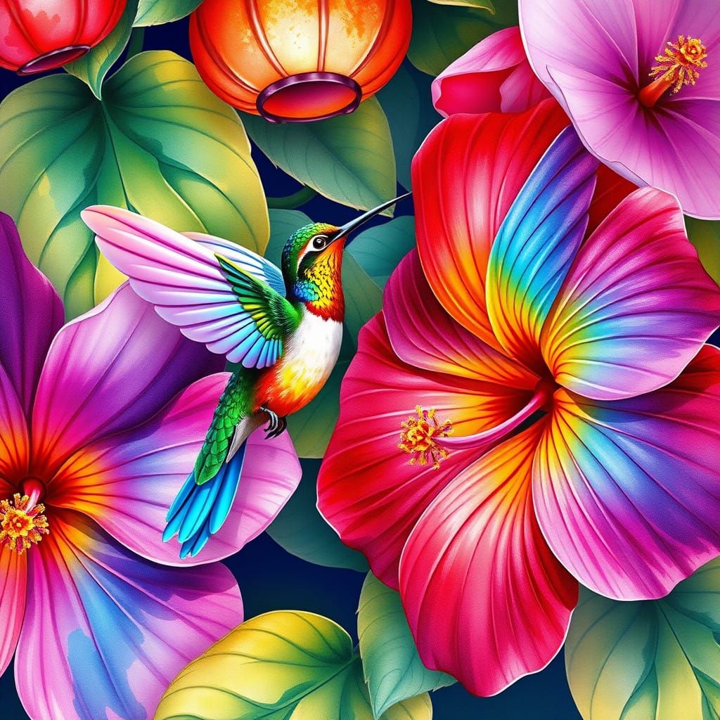 rainbow hummingbird among colorful hibiscus flowers