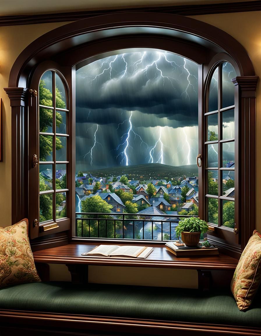 ultrarealistic, insanely detailed window seat with a view of a ...
