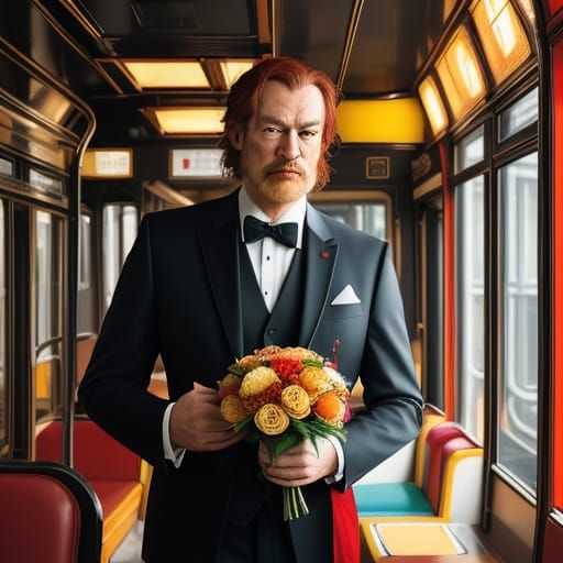 Red Panda Man with flowers. - Red Panda Man in Vibrant Mondr...